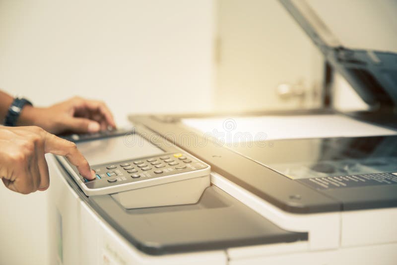 Close Up Hand Office Man Press Copy Button on Panel To Using the Copier ...