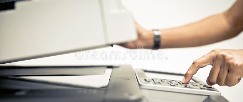 Close Up Hand Office Man Press Copy Button on Panel To Using the Copier ...