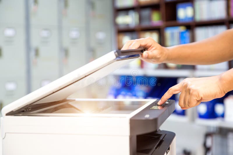 Close Up Hand Office Man Press Copy Button on Panel To Using the Copier ...