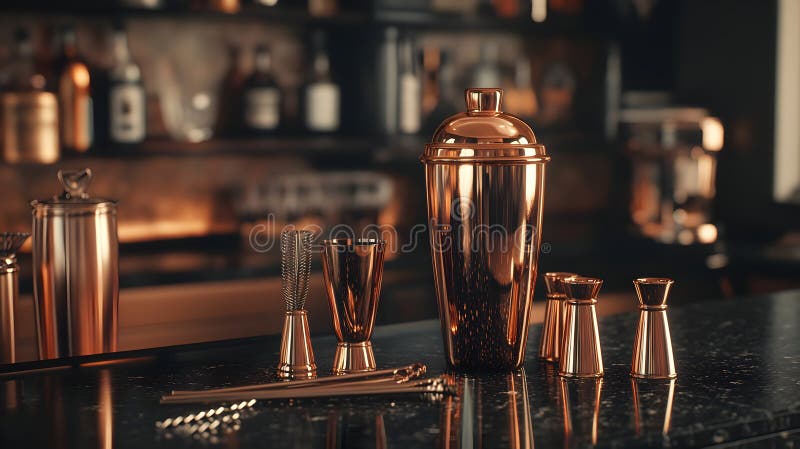 Copper Bar Tools Set on Countertop in Stylish Bar Setting Stock Image ...