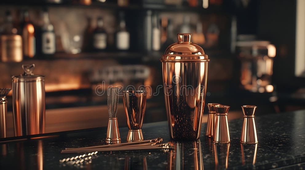 Copper Bar Tools Set on Countertop in Stylish Bar Setting Stock Image ...