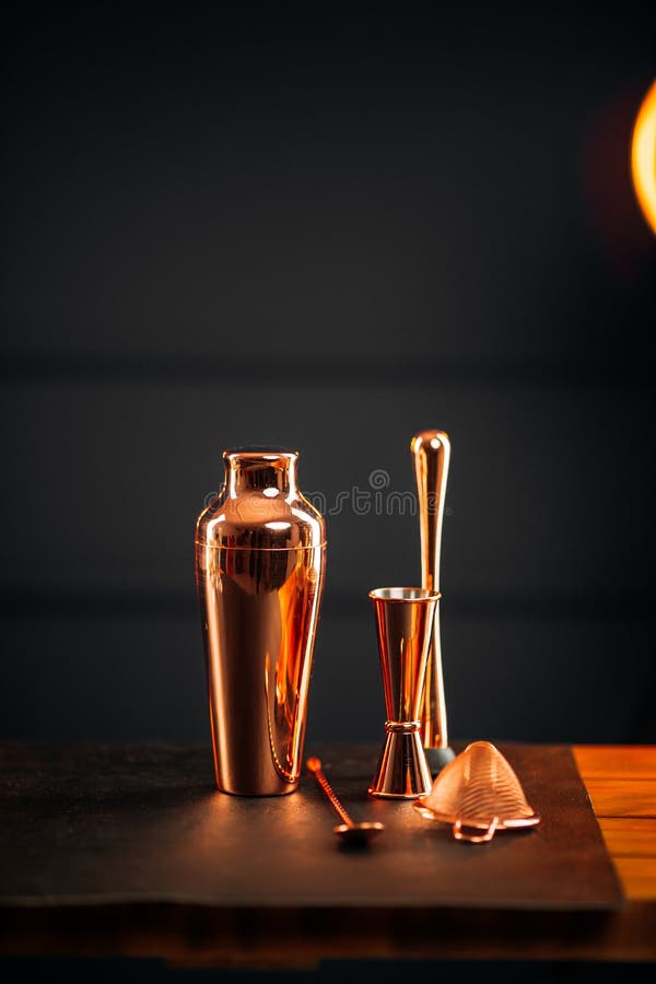 Copper Bar Tools Set with Shaker on Wooden Table Stock Image - Image of ...