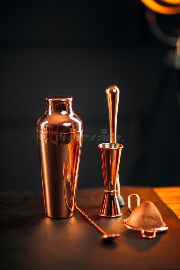 Copper Bar Tools Set with Shaker on Wooden Table Stock Photo - Image of ...