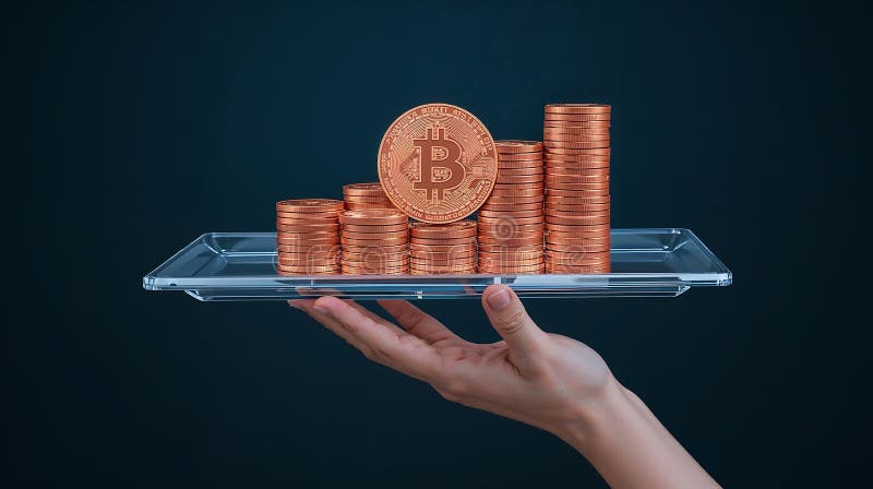 Copper Bitcoin Stacks on Clear Tray Held by Hand Dark Background ...