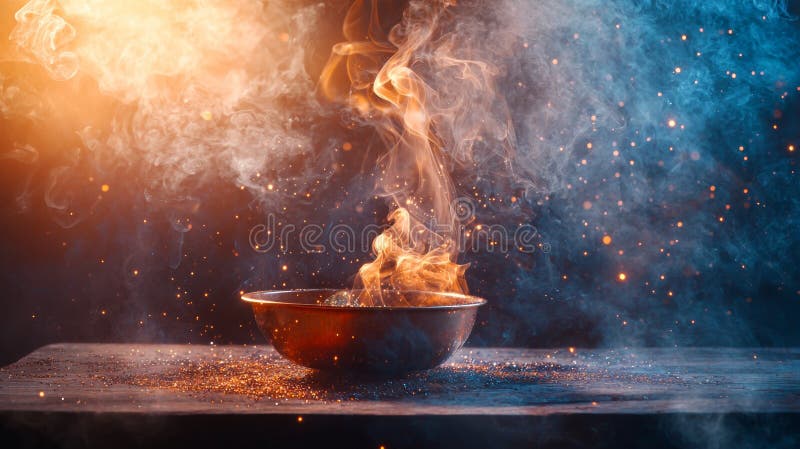 Copper Bowl with Dramatic Smoke and Glowing Sparks Stock Image - Image ...