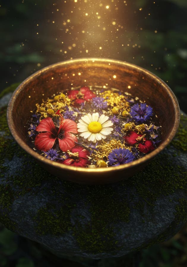Copper Bowl of Flowers with Golden Light and Magic Stock Illustration ...