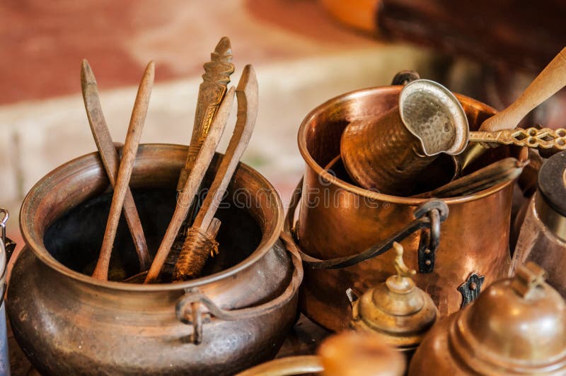 Copper, Brass Old Vintage Pots and Jars Stock Image - Image of copper ...
