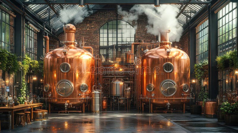 Copper Brewing Tanks in a Rustic Brewery Illuminated by Warm Lighting ...