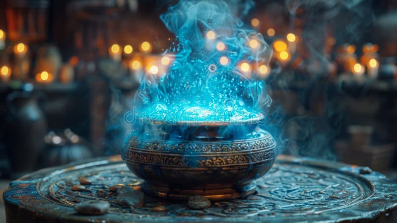A Copper Cauldron with Blue Smoke and Bubbles on a Stone Table Stock ...