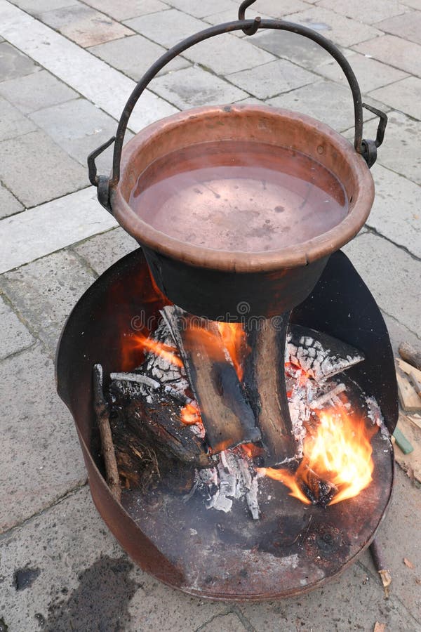 Copper Cauldron Full of Water Over the Open Fire Stock Image - Image of ...