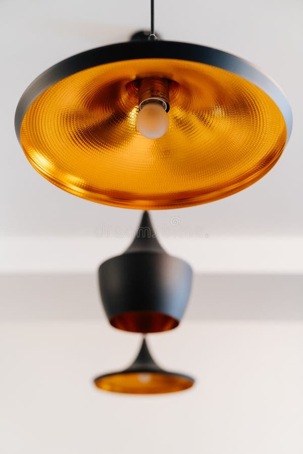 Copper Chandelier Painted Black on Ceiling. Lighting in Interior Stock ...
