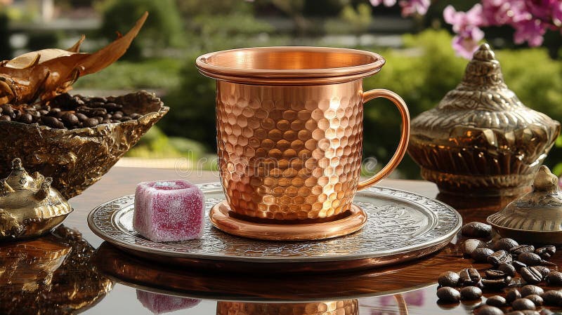 Copper Coffee Cup on Ornate Tray Stock Image - Image of artisan ...