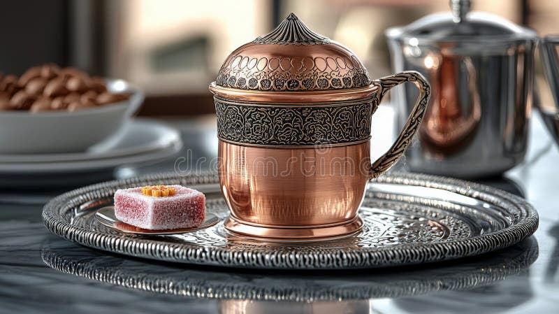 Copper Coffee Cup on Silver Tray, Cafe Setting Stock Photo - Image of ...