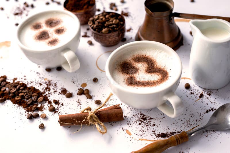 Copper Coffee Set and Latte Art Hearts Stock Image - Image of crema ...