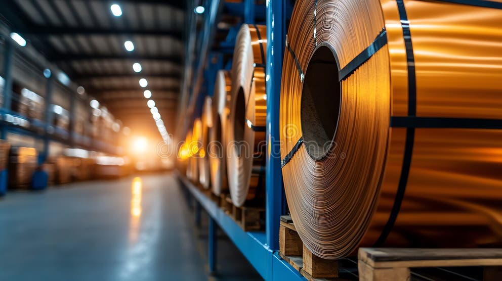 Copper Coils Stored on Pallets in a Well-organized Warehouse Setting ...