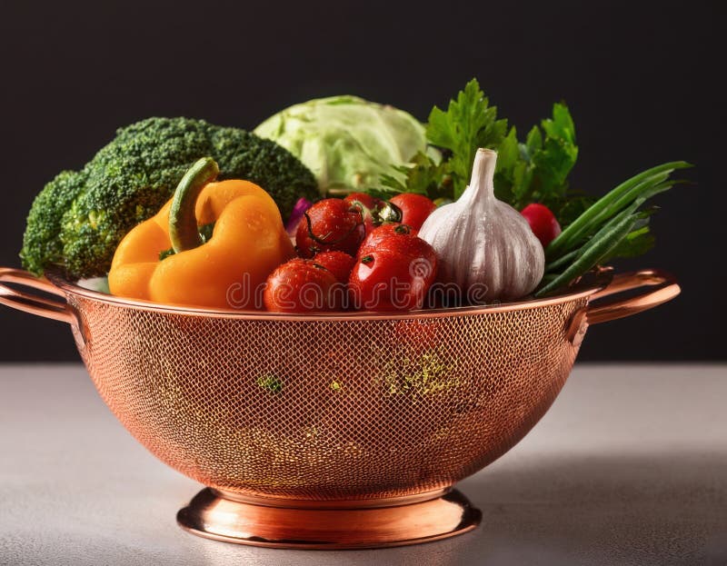 A Copper Colander Filled with Freshly Washed Vegetables Stock ...