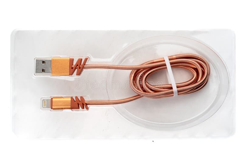 Copper-colored USB Cable in Plastic Packaging on a White Background ...