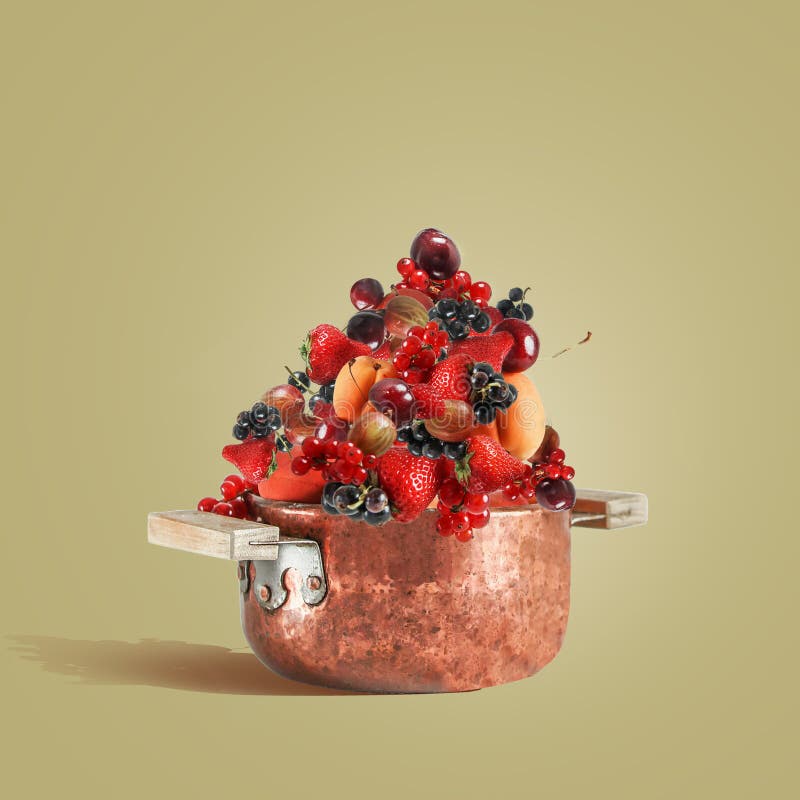 Copper Cooking Pot Full with Summer Fruits and Berries for Jam Making ...