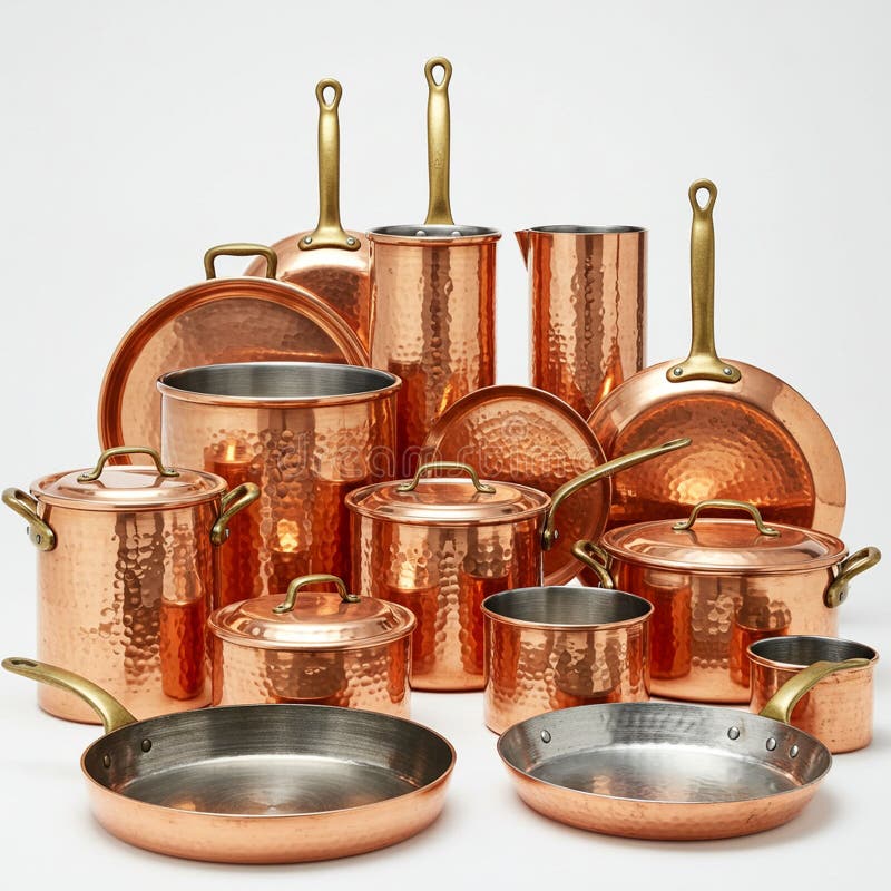 Copper Cookware Set Featuring Various Pots, Pans, and Lids with ...