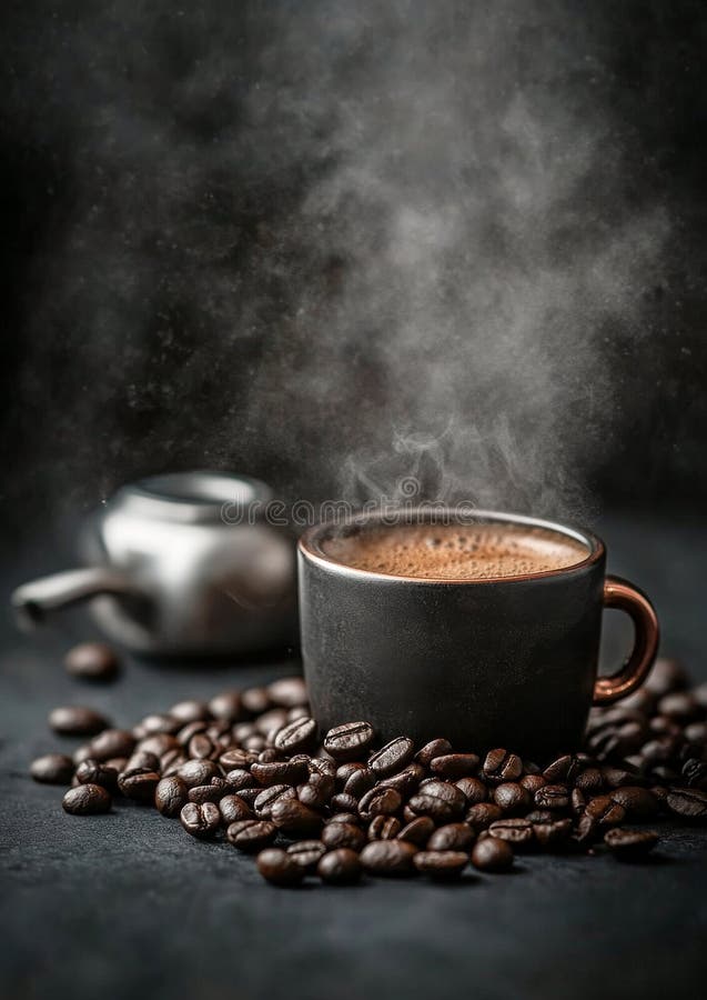 Copper Cup Filled with Steaming Coffee beside Coffee Beans and Kettle ...