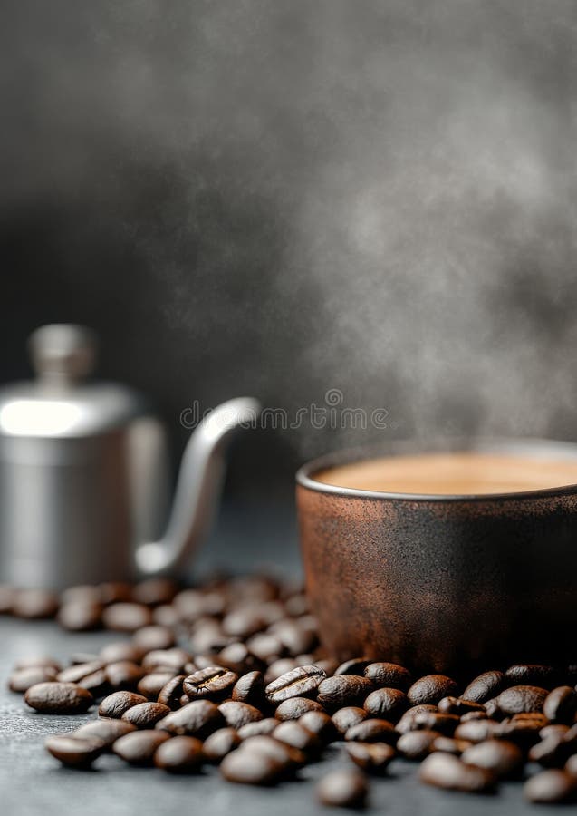 Copper Cup Filled with Steaming Coffee beside Coffee Beans and Kettle ...