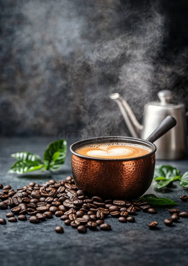 Copper Cup Filled with Steaming Coffee beside Coffee Beans and Kettle ...