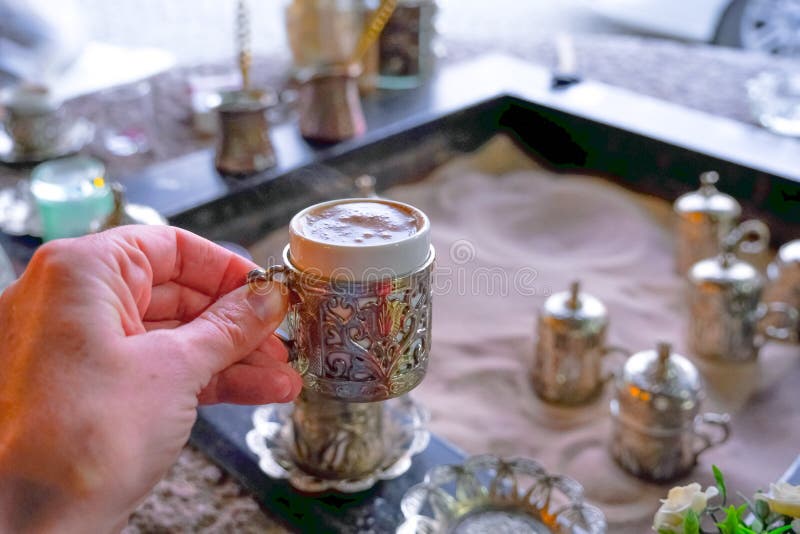 Copper Cups with Turkish Coffee Cooked in Hot Sand. Stock Photo - Image ...