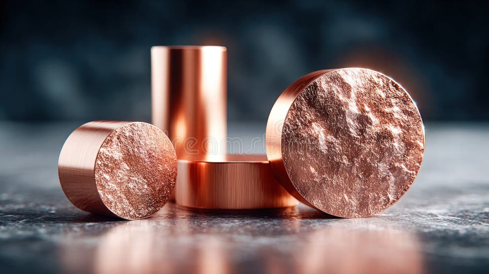 Copper Cylinders and Circles Displayed Against a Dark, Textured ...