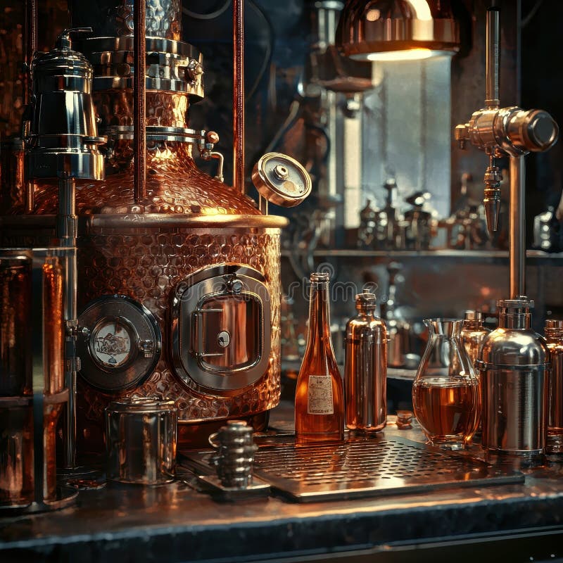 Copper Distillery Setup with Bottles and Tools Stock Photo - Image of ...
