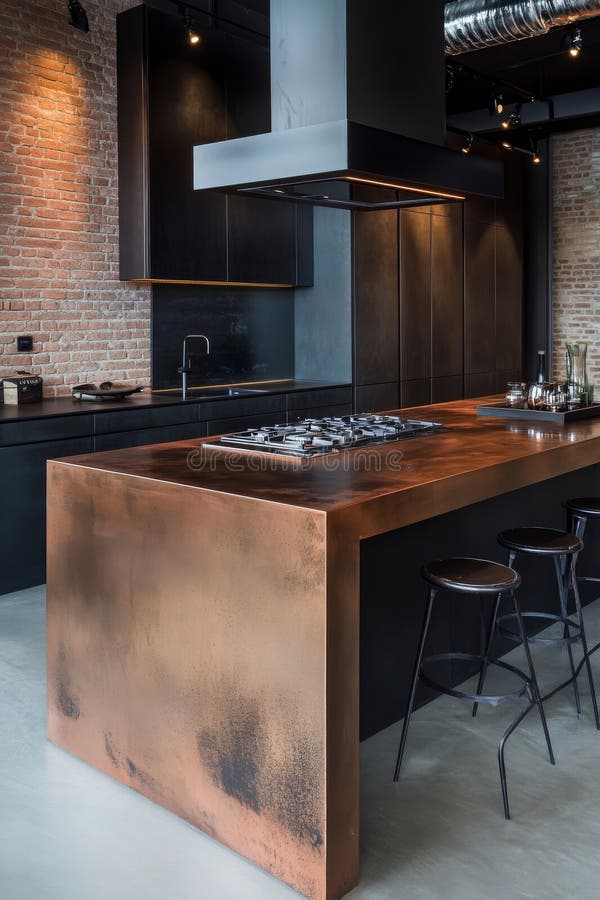 Copper Hood-Adorned Modern Industrial Kitchen Island Stock Image ...