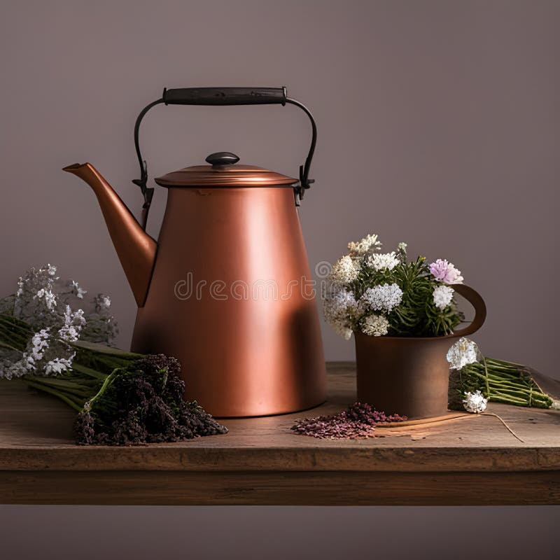 Copper Kettle with Dried Flowers on a Shelf Stock Illustration ...