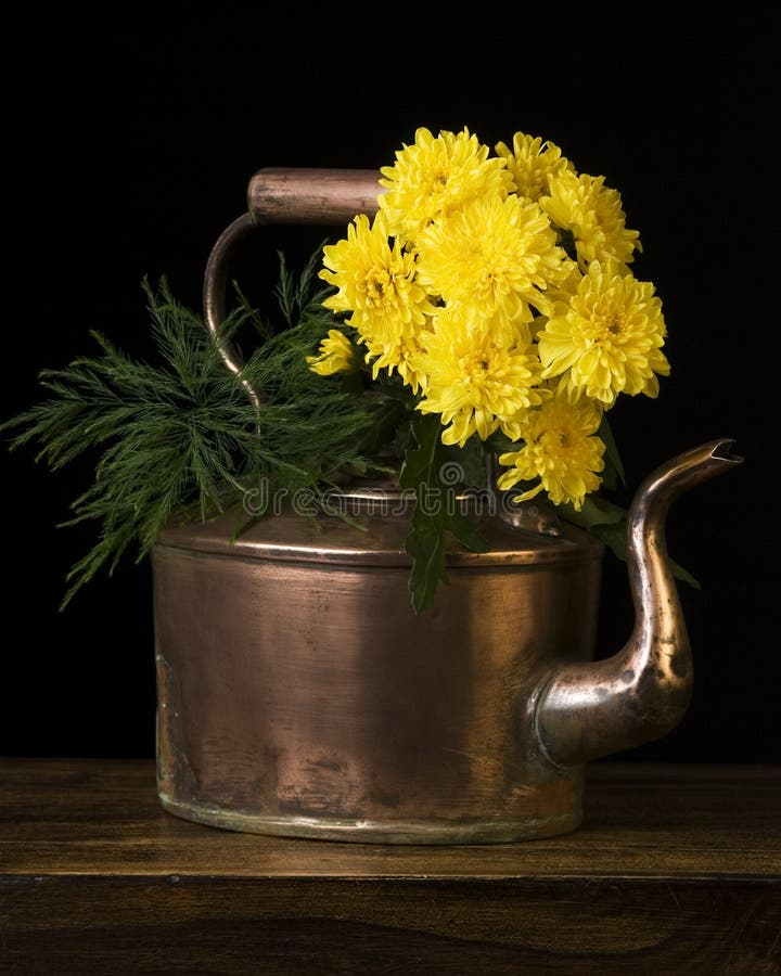 Copper kettle and flowers stock photo. Image of table - 27180930