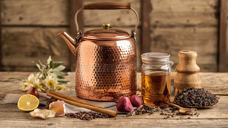 Copper Kettle, Herbal Tea, Rustic Wood, Still Life, Beverage Stock ...