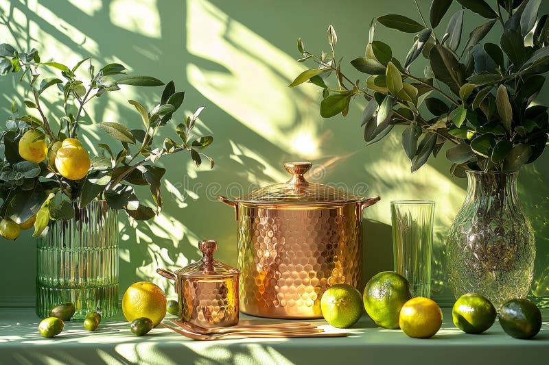 Copper Kitchen Items with Green Tree Branch Motifs Stock Photo - Image ...