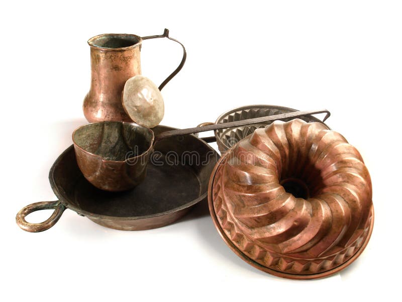 Old Copper Kitchenware and Cake Tin Isolated on White Background Stock ...