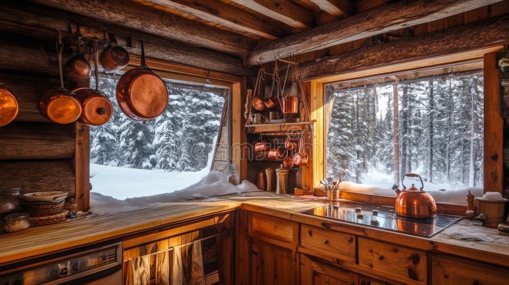 Copper Kitchenware in a Rustic Log Cabin with Snowy Window Views Stock ...