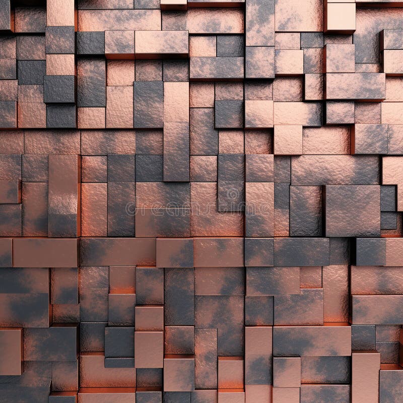 Copper Mosaic Blocks Wall Background, Bronze Metallic Cubes Pattern ...