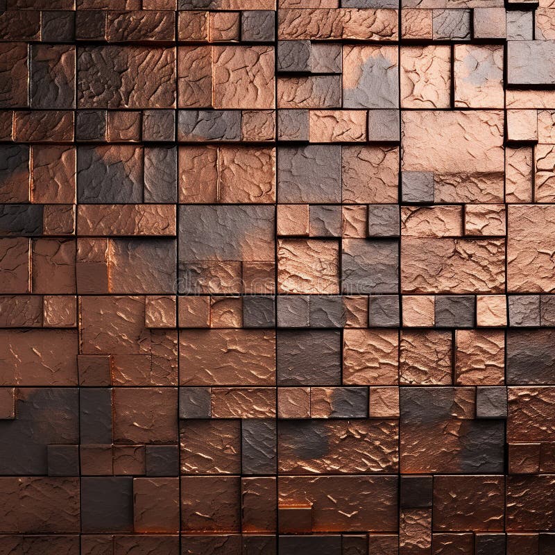 Copper Mosaic Blocks Wall Background, Bronze Metallic Cubes Pattern ...
