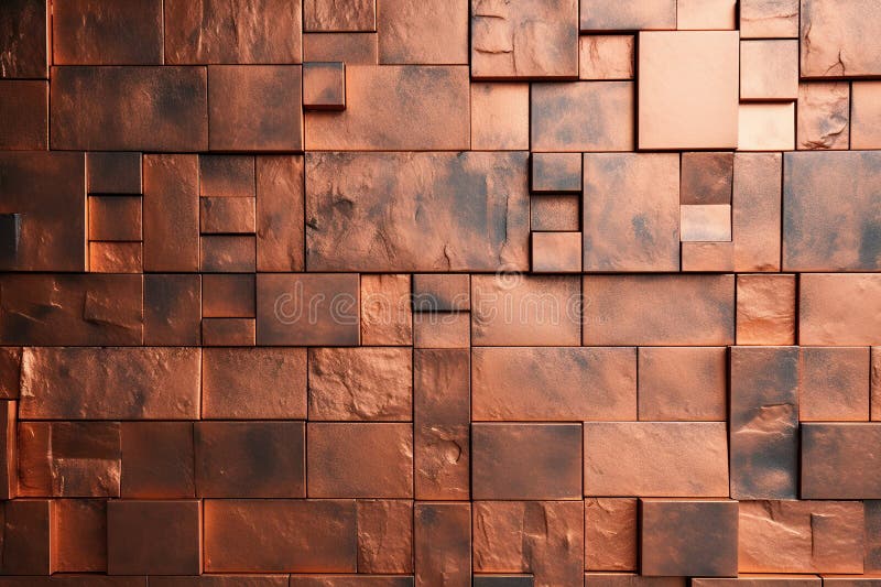 Copper Mosaic Blocks Wall Background, Bronze Metallic Cubes Pattern ...