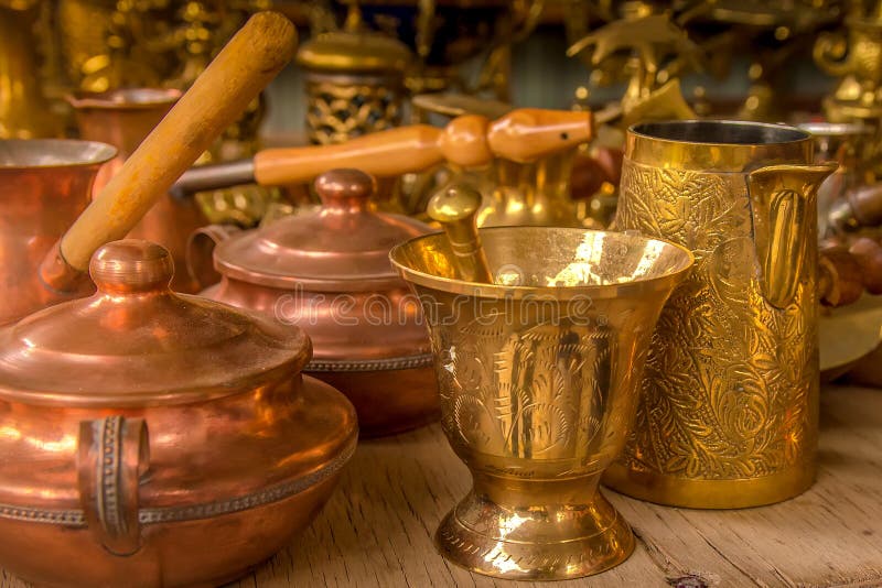 Copper Objects. Different Copper Utensils Stock Photo - Image of bazaar ...