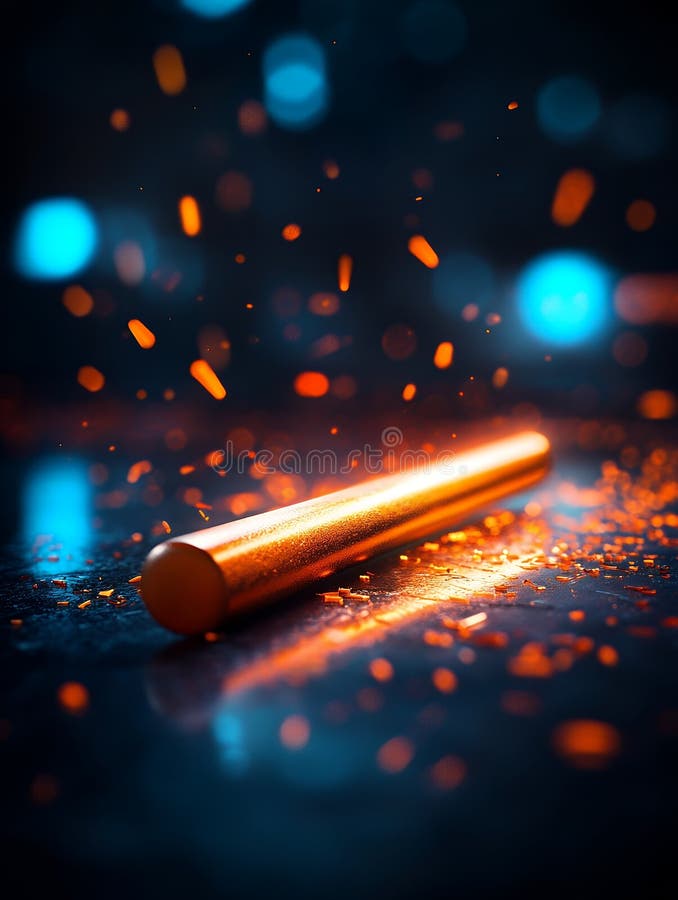 Copper Pipe Rests on Dark Surface with Orange Sparks, Creating a ...