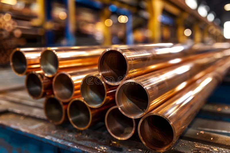 Copper pipes in a factory stock image. Image of pipes - 313471733