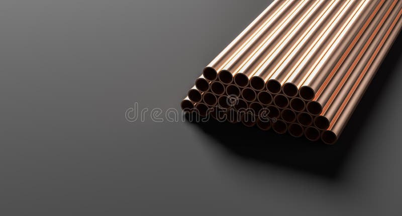 Copper Pipes Isolated on Dark Background. Stack of Copper Pipes. 3D ...