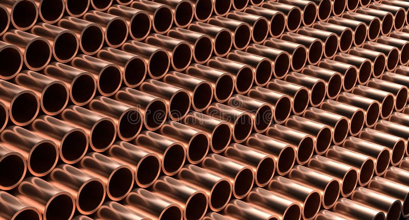 Copper Pipes Isolated on Dark Background. Stack of Copper Pipes. 3D ...