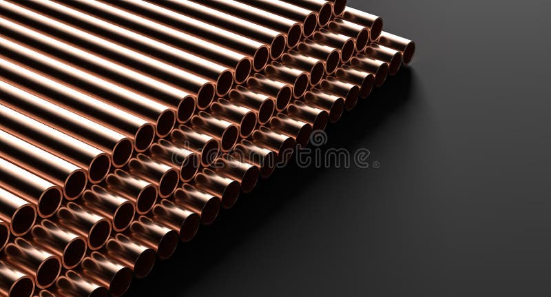 Copper Pipes Isolated on Dark Background. Stack of Copper Pipes. 3D ...