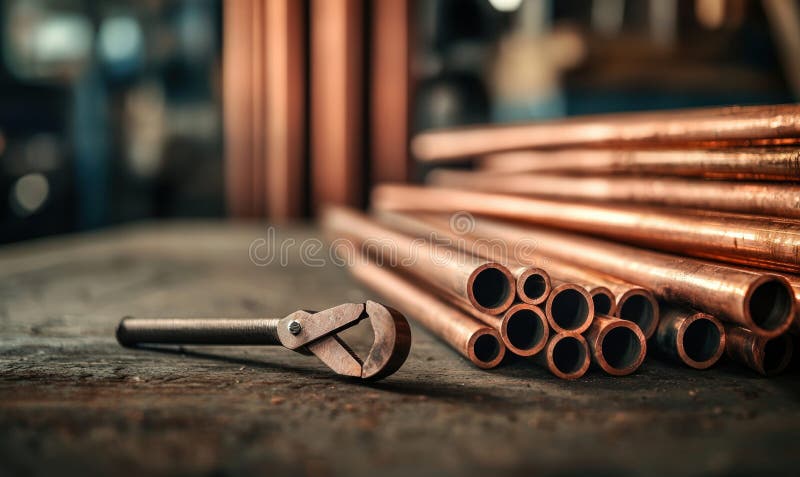 Copper Pipes and Wrench stock image. Image of factory - 367821669