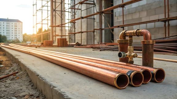 Copper Piping Installation at a Construction Site Shows Materials and ...