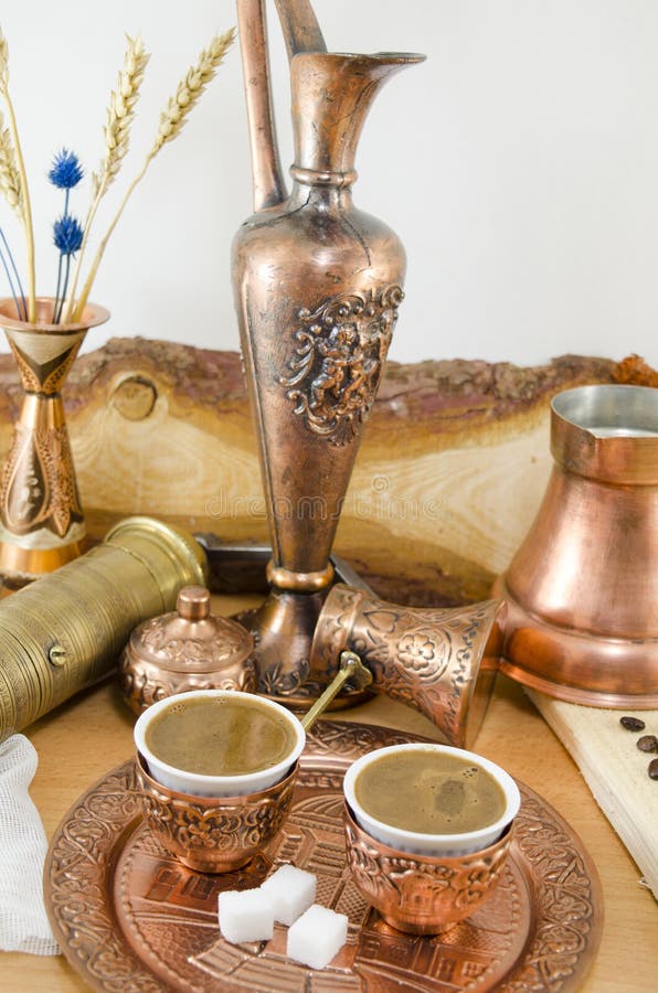 Copper Plates and Cups Filled with Coffee Stock Photo - Image of ...
