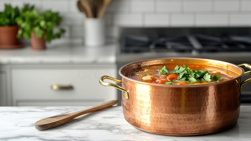 Copper Pot Filled with Hearty Vegetable Soup Topped with Fresh Herbs in ...
