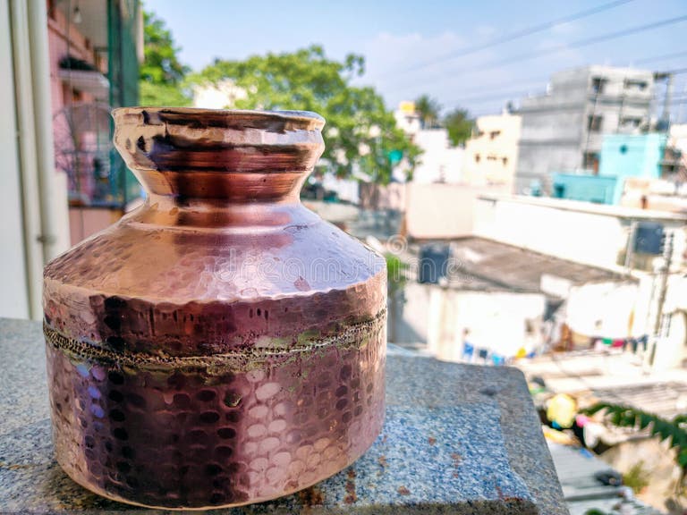 Picture of a Copper Pot Kitchenware for Water on the Stone Open Under ...